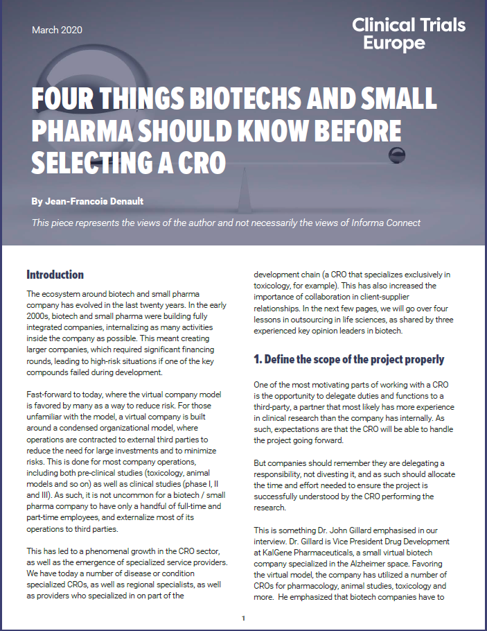 Four things biotech and small pharma should know before selecting a CRO